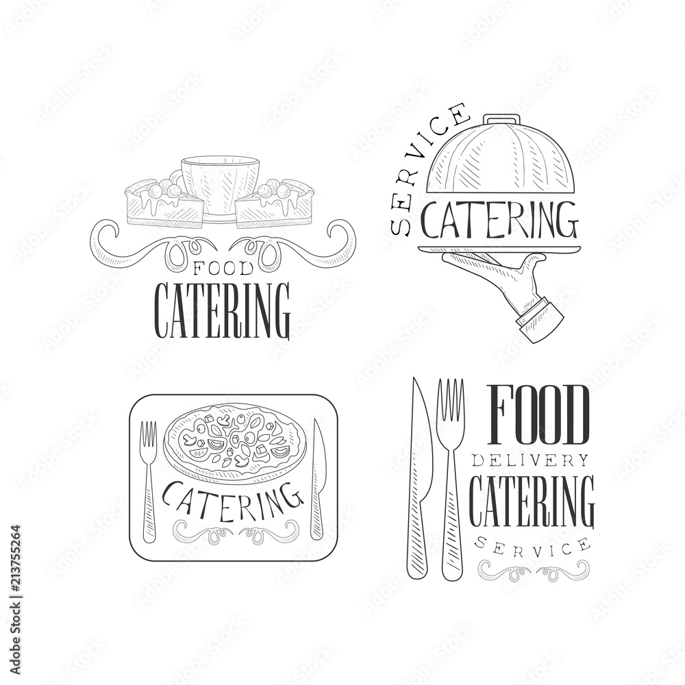Set of 4 vector logos for catering services. Hand drawn emblems with ...