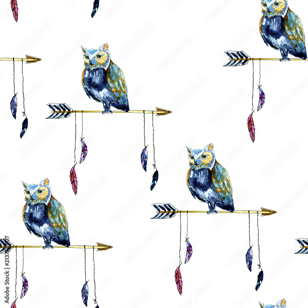 Watercolour Native american arrow with owl seamless pattern for print ...