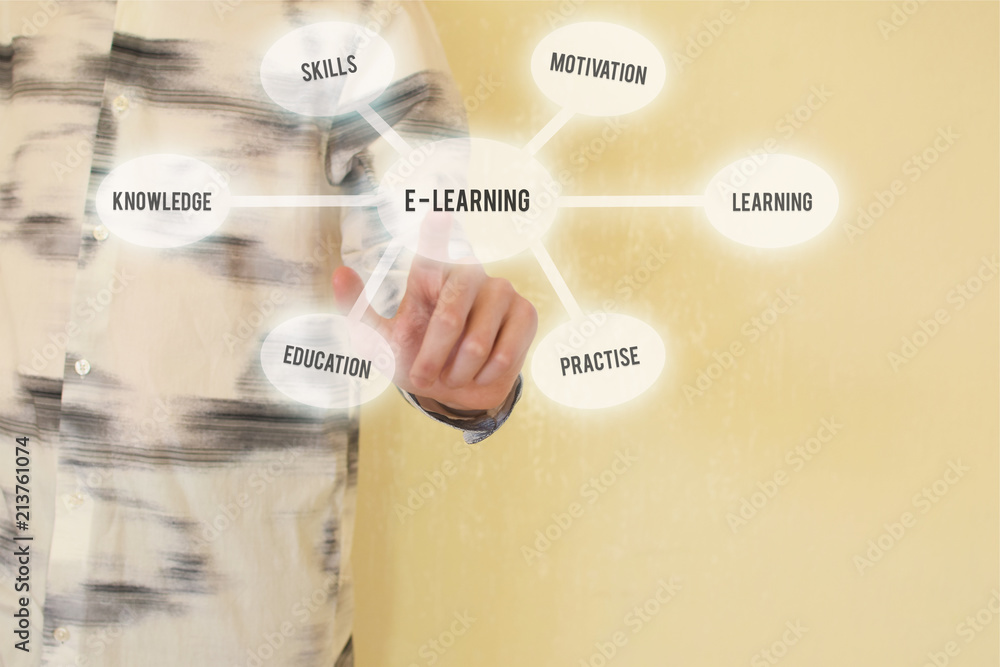 E-learning and online education concept. Man hand pressing transparent ...