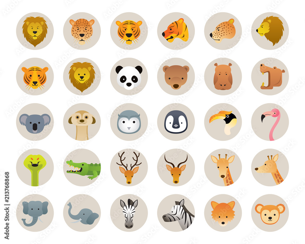 Wild Animals Head Vector Set, Zoo, Safari, Icons and Symbols Stock ...