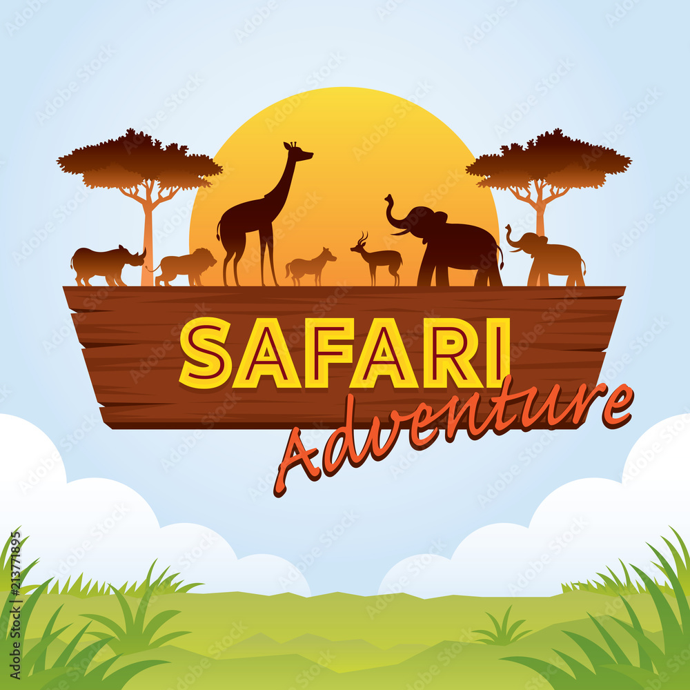 African Safari Adventure Sign with Animals Silhouette Stock Vector ...