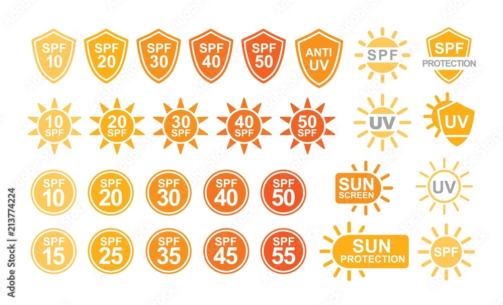 Collection of SPF and UV sun protection labels or signs isolated on ...