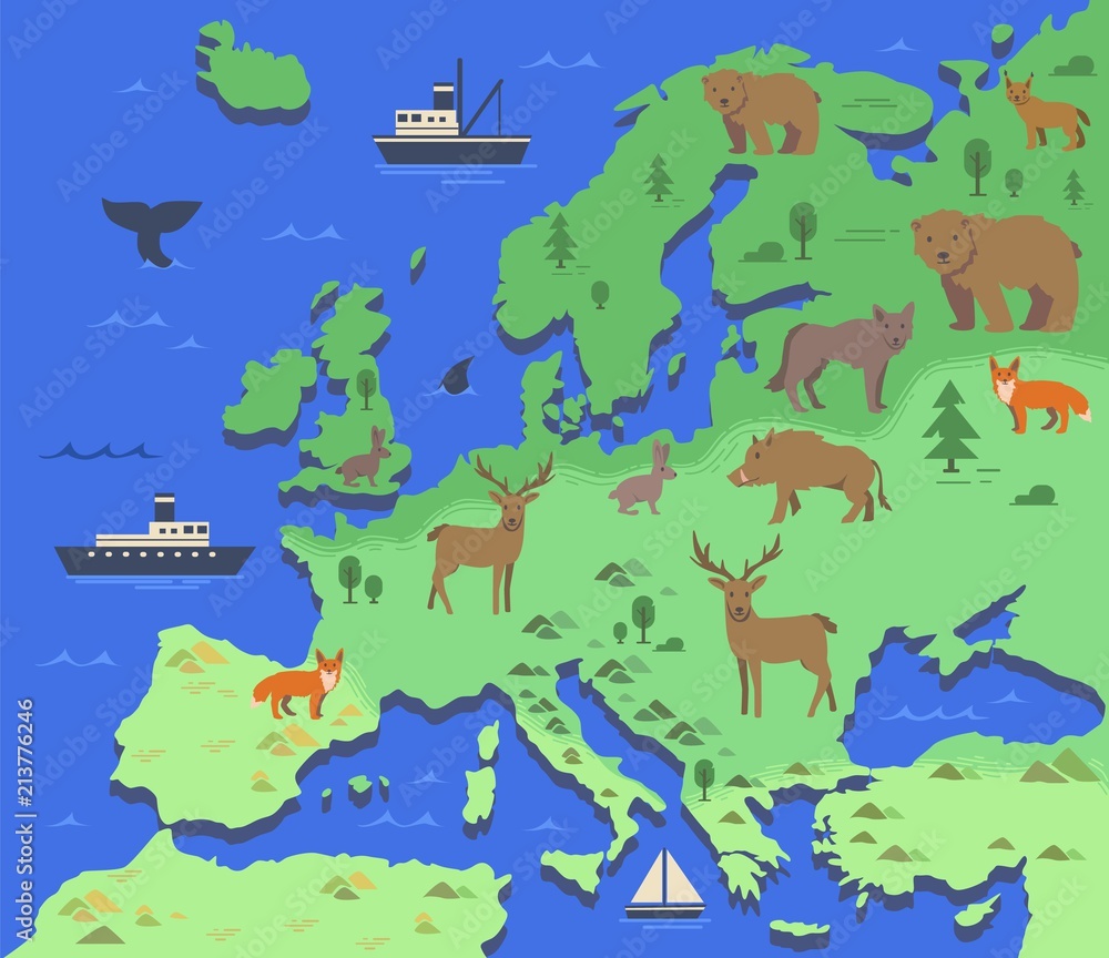 Stylized map of Europe with indigenous animals and nature symbols ...