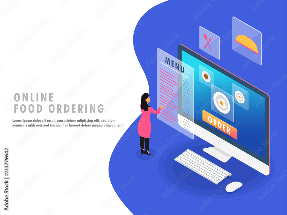 Isometric illustration for Online Food Ordering concept, lady character ...