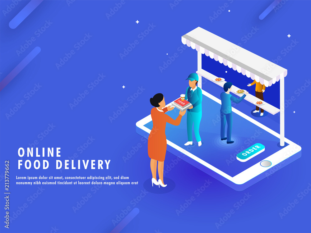 Isometric illustration for Online Food Ordering concept, lady character ...