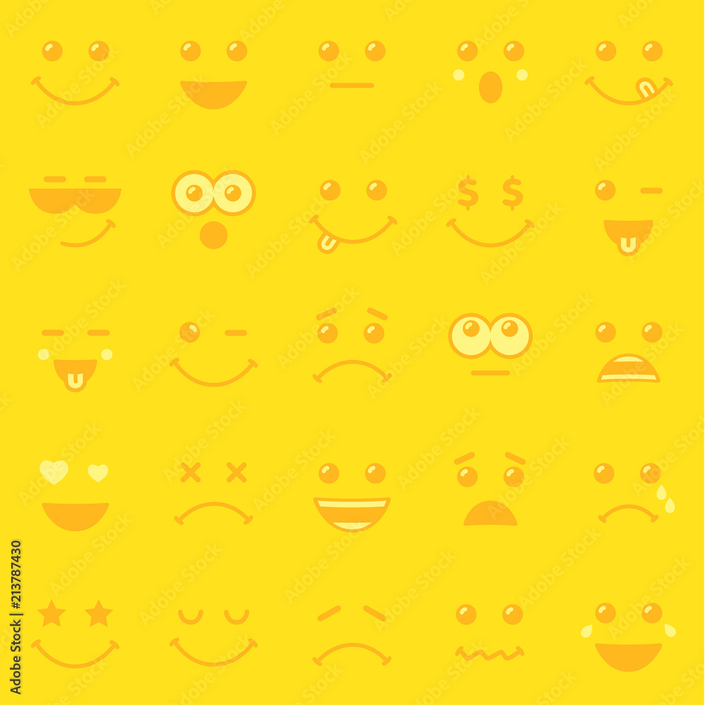 Yellow pattern template of line art emoticons or emoji icons. Happy ...