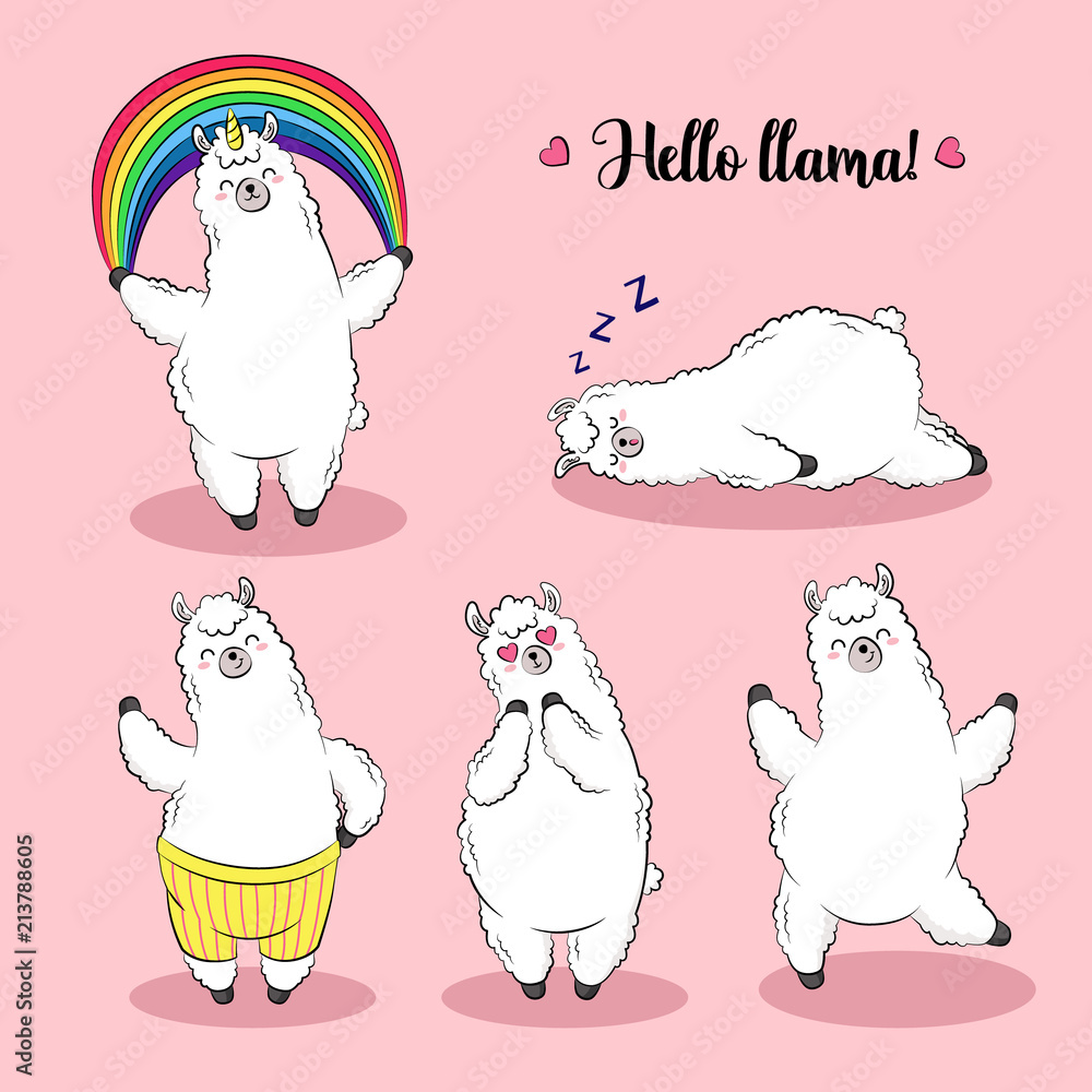 Cute lama, doodle vector illustration. Collection of cartoon characters ...