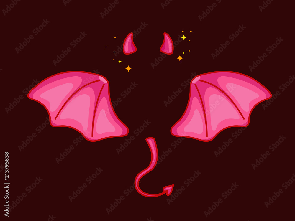 Devil wings with horns and tail. Cute cartoon style with volume. Little ...