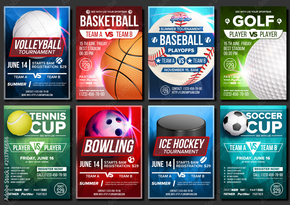 Sport Poster Set Vector. Basketball, Tennis, Soccer, Football, Golf ...