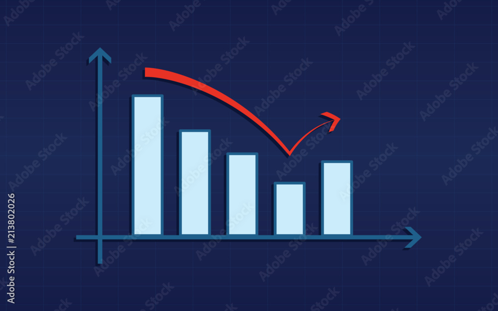 Abstract financial bar chart with rebound red arrow on blue color ...