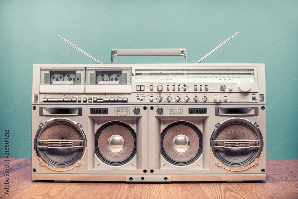 Retro outdated portable stereo boombox radio receiver with cassette ...