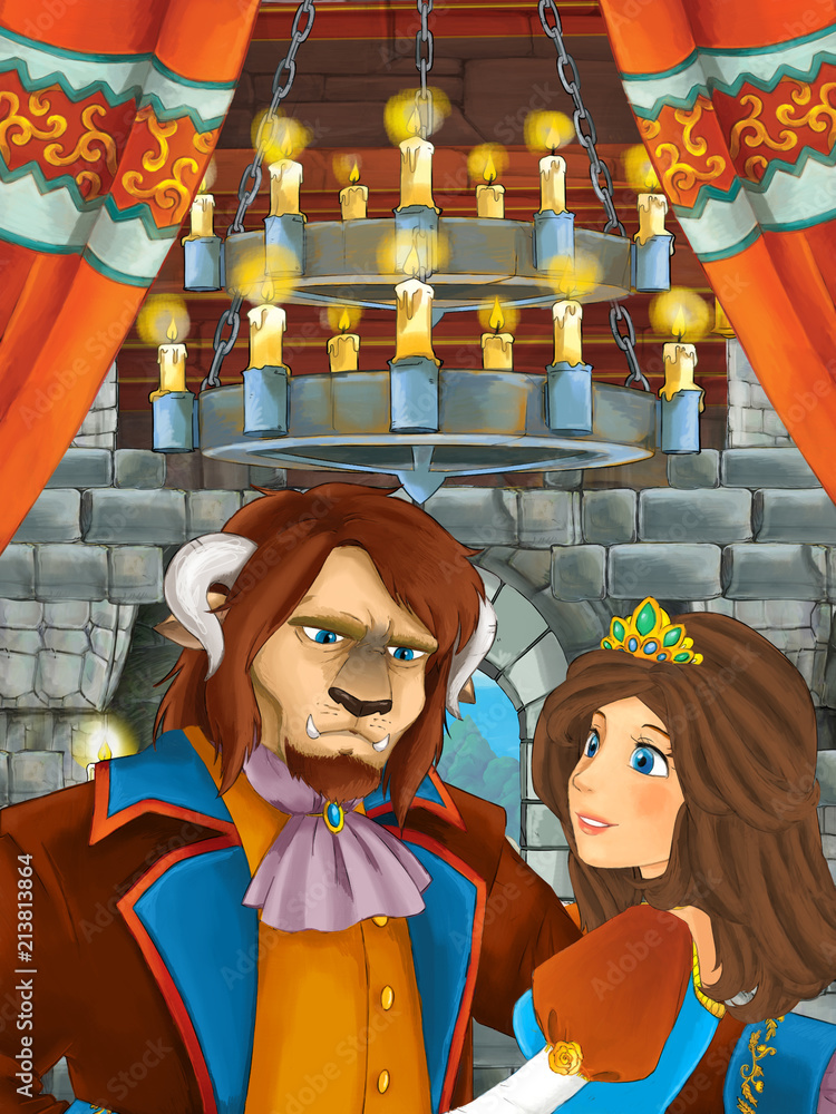 cartoon scene with prince and princess talking together in the castle ...