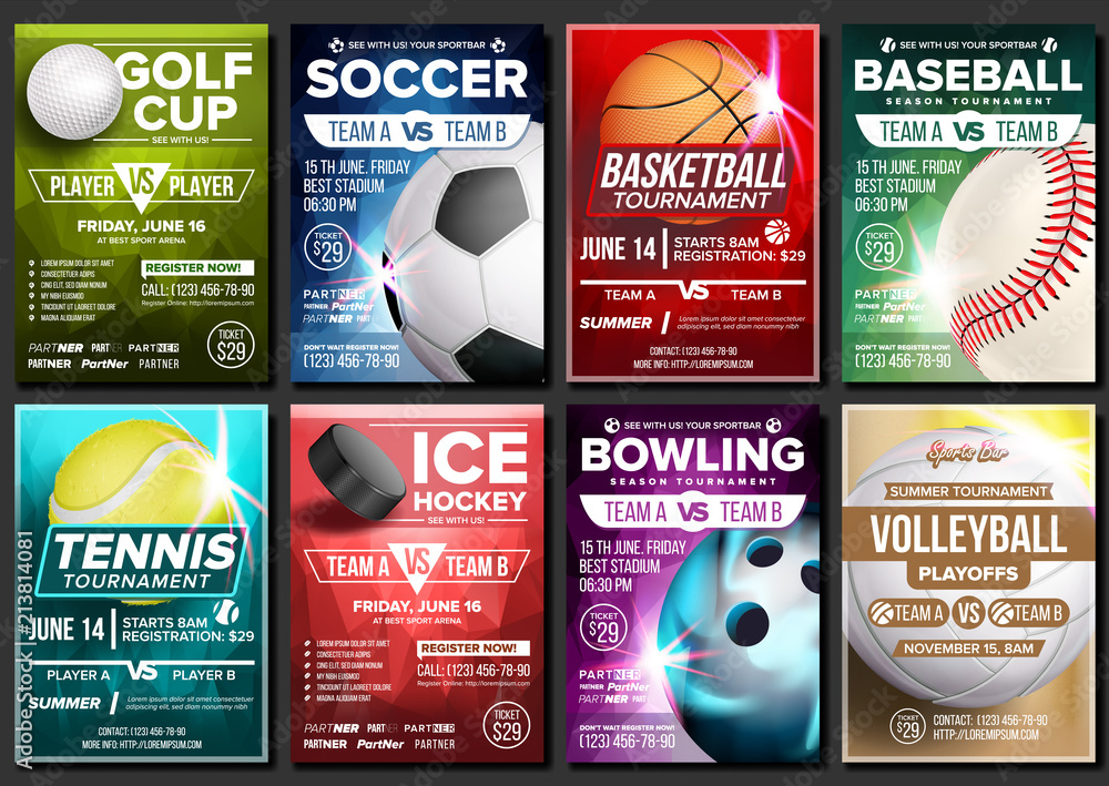 Sport Poster Set Vector. Tennis, Basketball, Soccer, Golf, Baseball ...