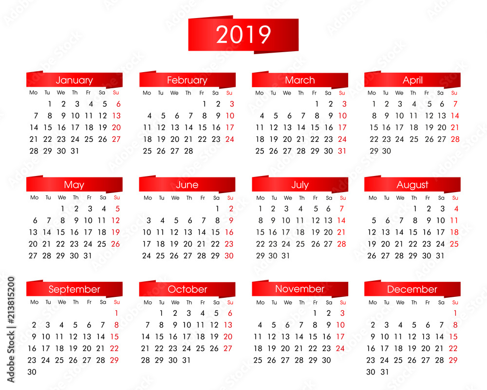 calendar for 2019 with elements of infographics bright scarlet color ...