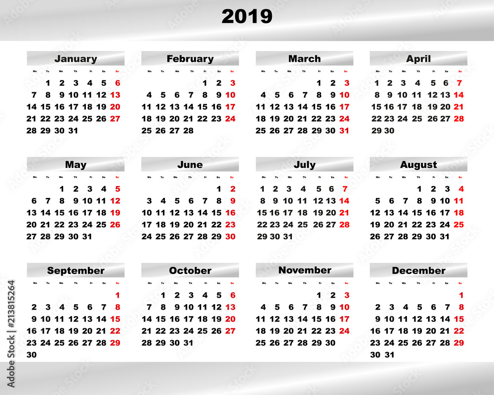 calendar for 2019 in a sleek design with a silver design of the names ...