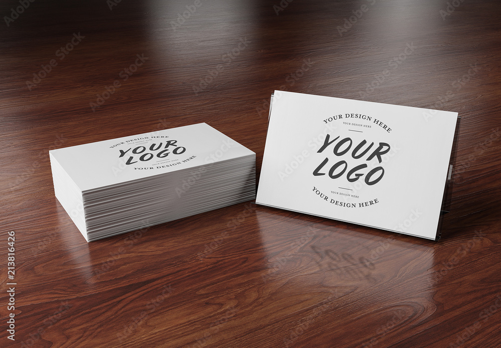 Stack of Business Cards on Wooden Desk Mockup Stock Template | Adobe Stock
