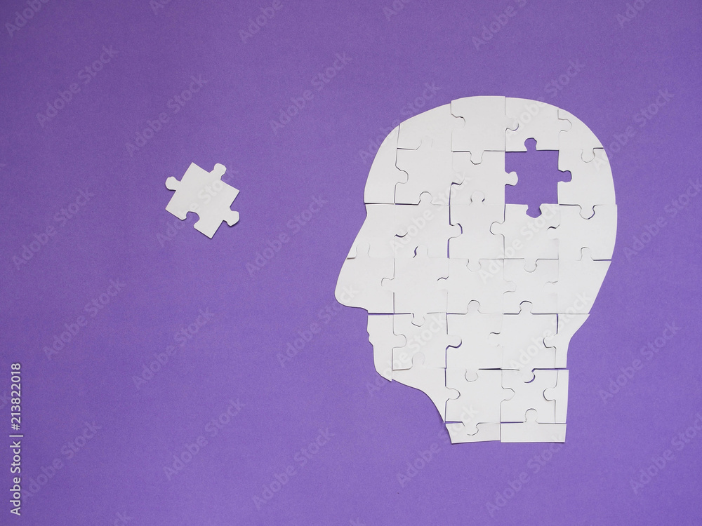 Head brain white puzzle with missing pieces from jigsaw puzzle on ...