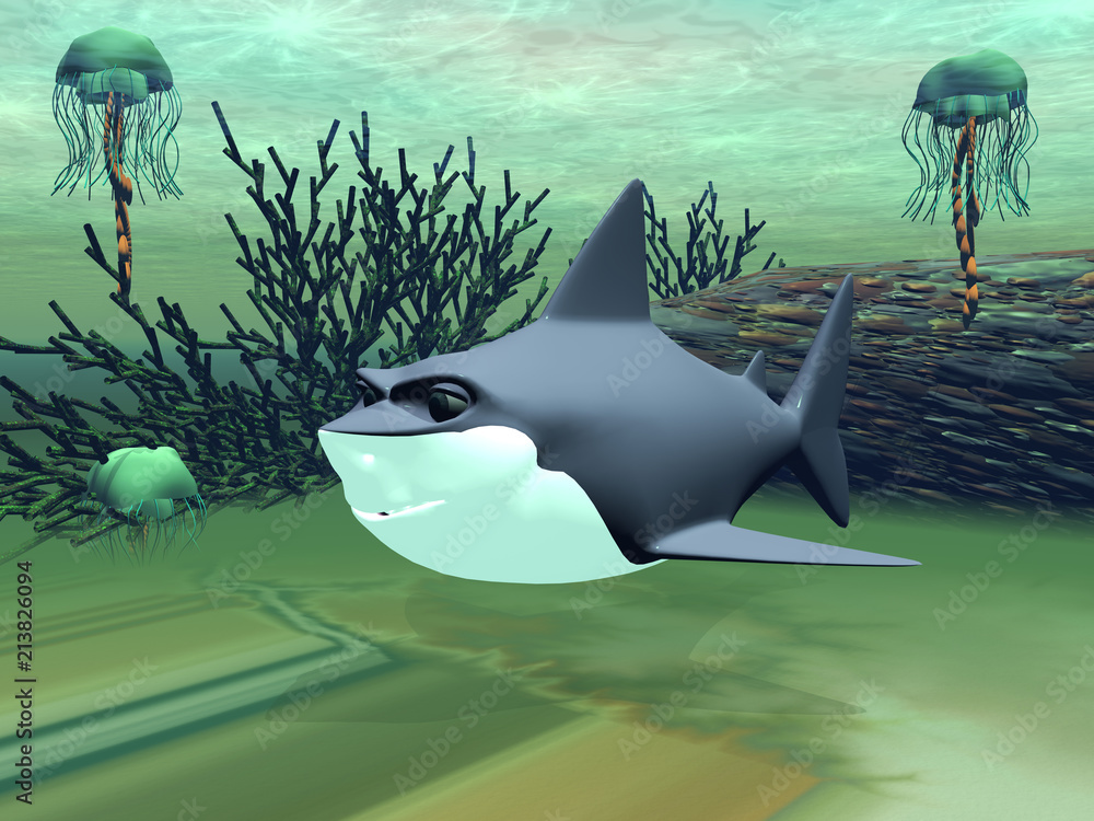 Cartoon Haifisch am Meeresgrund Stock Illustration | Adobe Stock