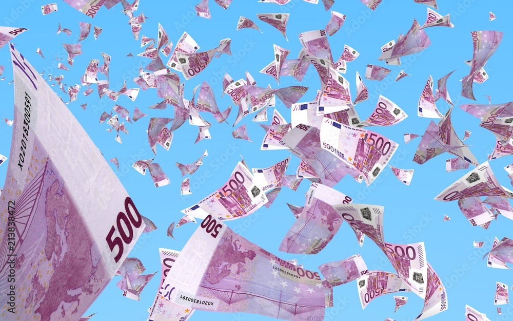 Flying euro banknotes isolated on a blue background. Money is flying in ...