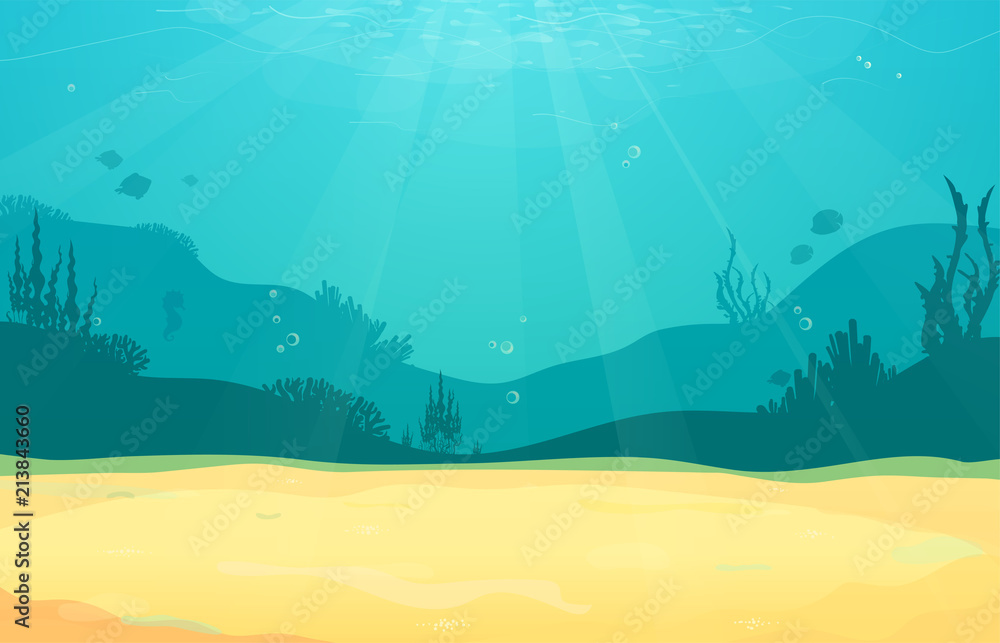 Underwater cartoon flat background with fish silhouette, sand, seaweed ...