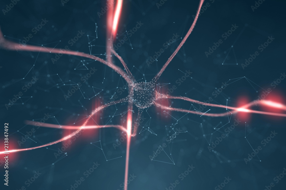 Artistic red blue colored neuron cell in the brain on black ...