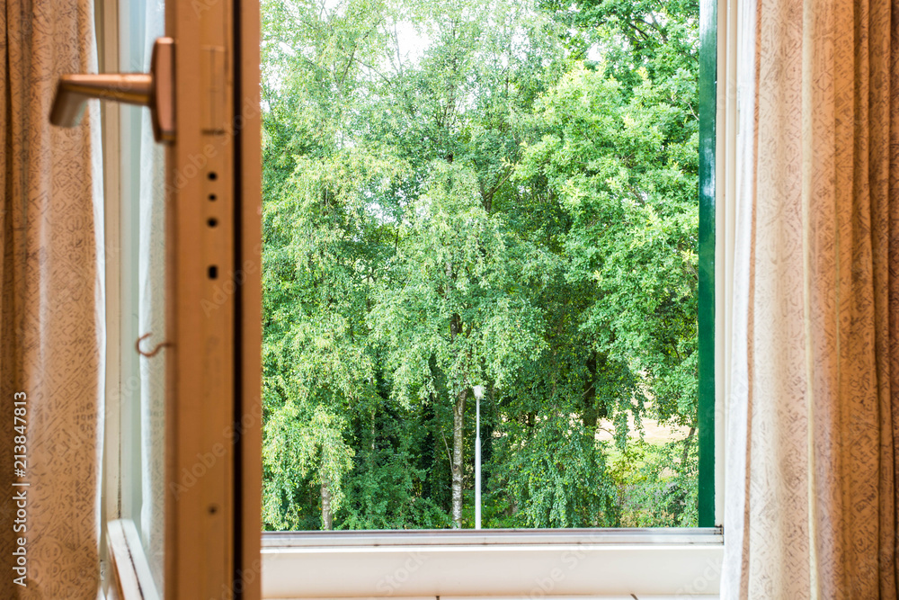 nature landscape with a view through a window with green trees Stock ...