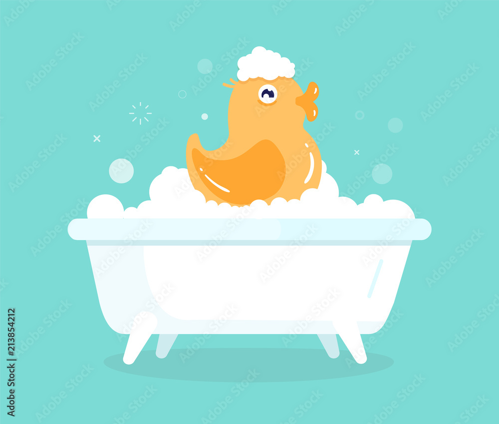 Cute cartoon yellow duck in bath with soapy bubbles. Rubber toy ...