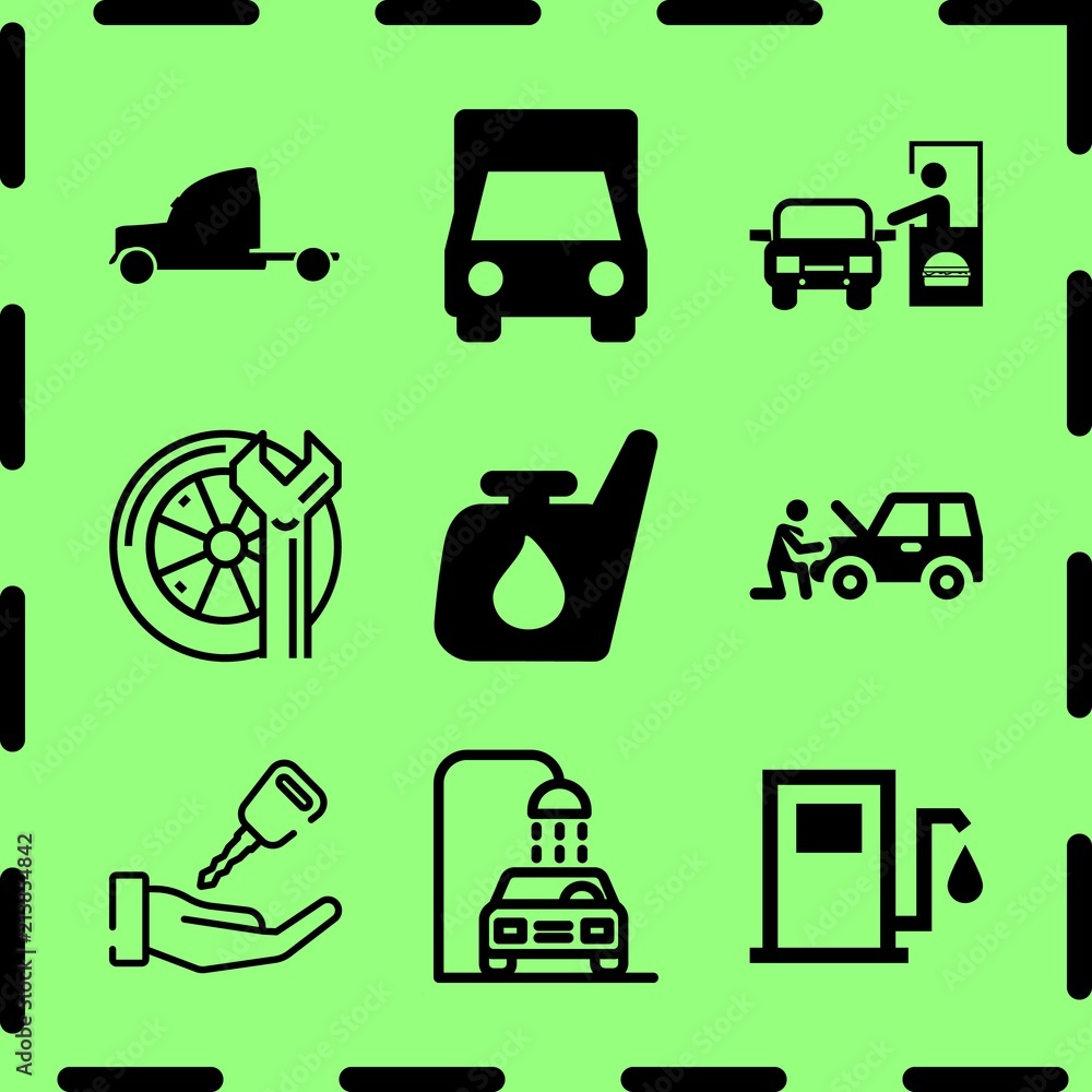 Simple 9 icon set of service related drive through, delivery truck ...