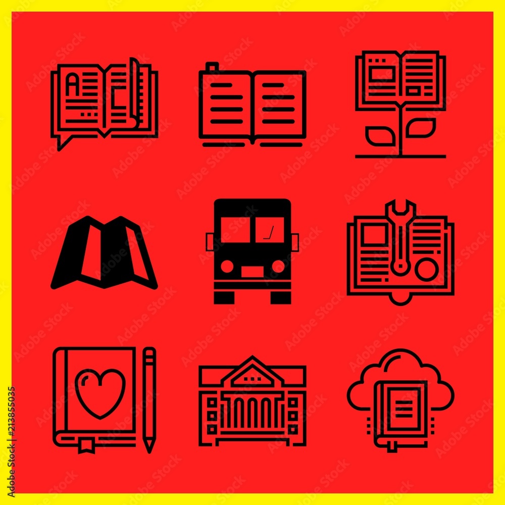 Simple 9 icon set of edication related map, school bus, open book and ...