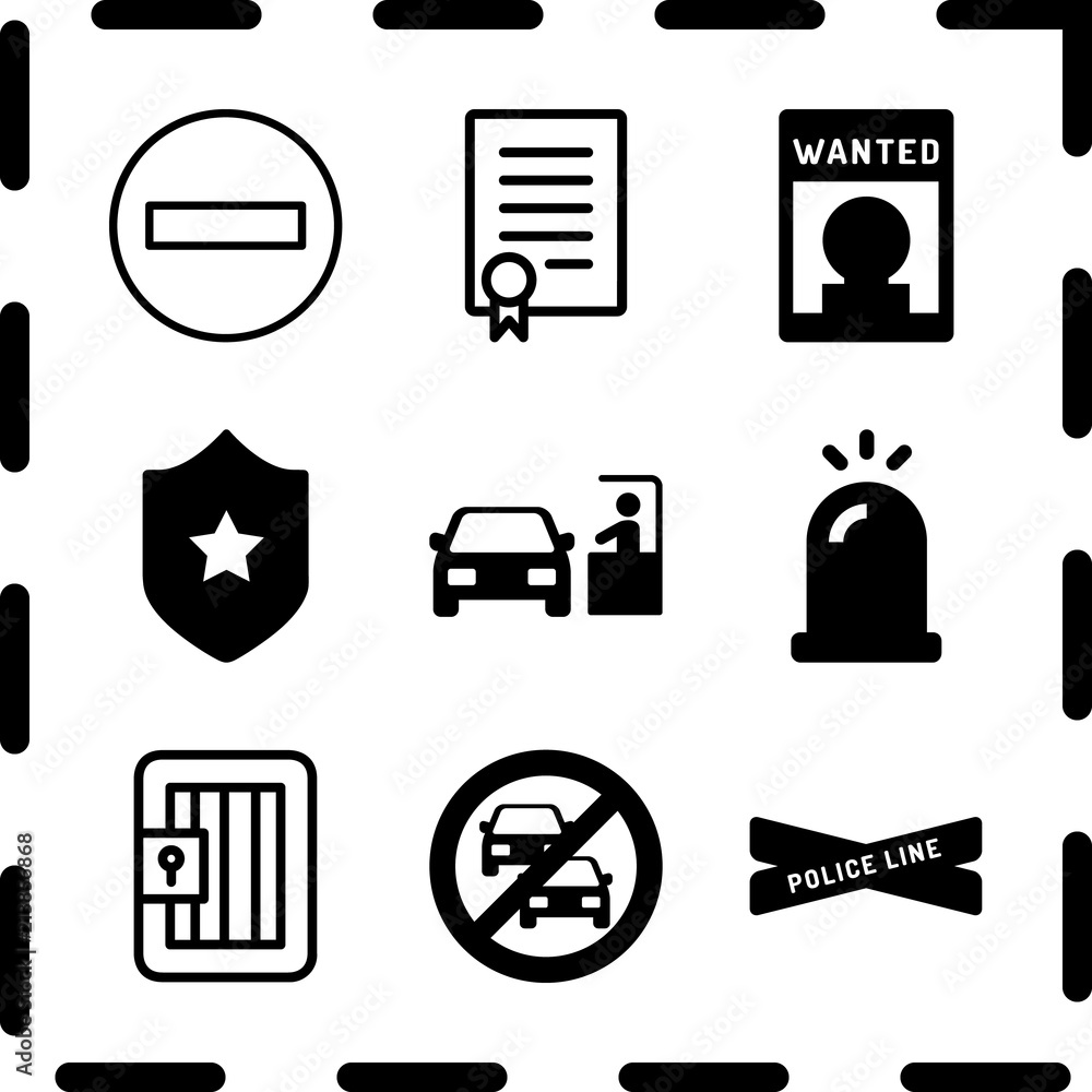 Simple 9 icon set of law related police line, paying car ticket ...