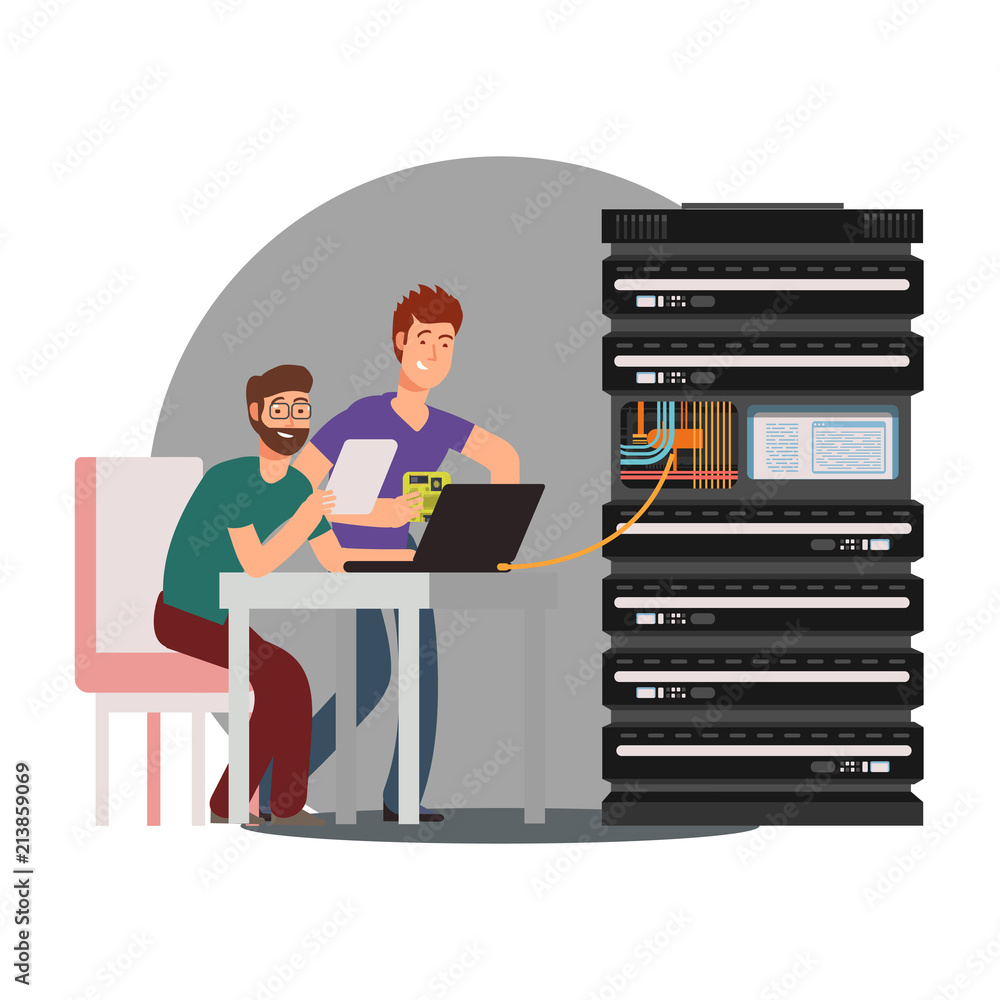 Cartoon computer engineers working with server Stock Vector | Adobe Stock
