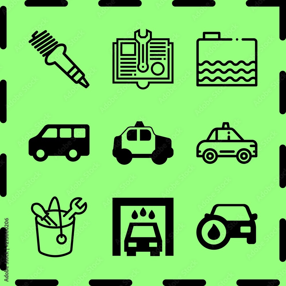Simple 9 icon set of service related cab, minibus, taxi side view and ...