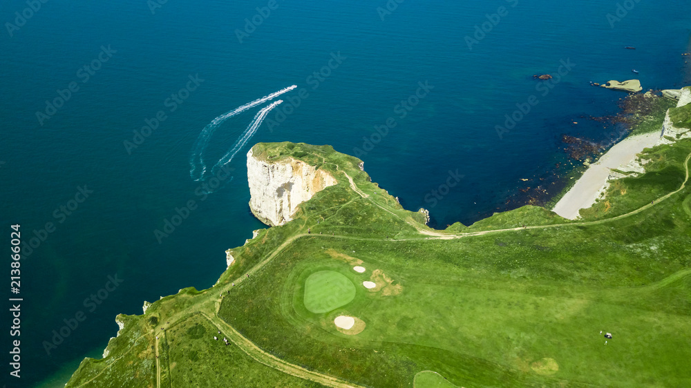 Drone view of a golf course next to the cliffs in Etretat Normandy ...