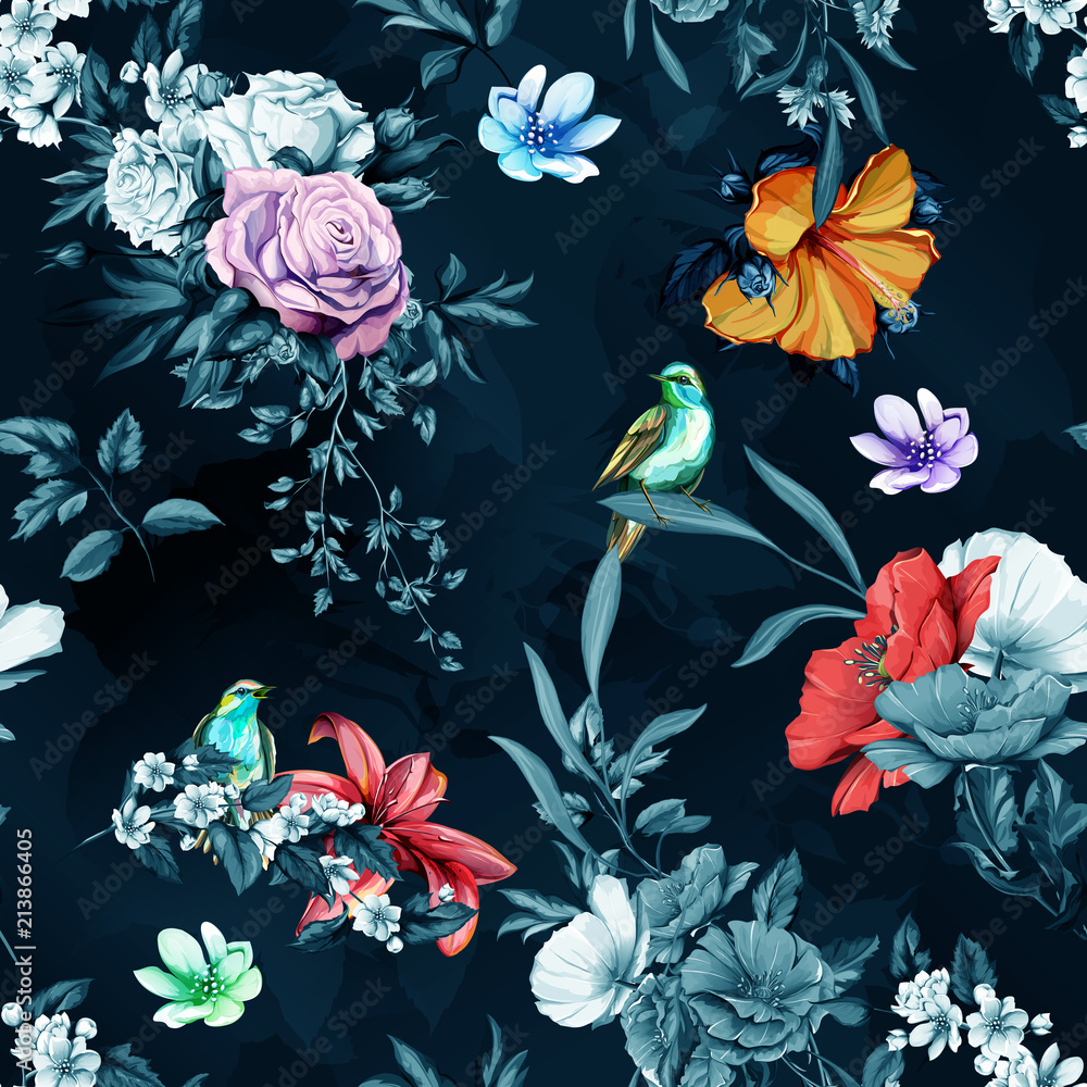 Seamless floral background pattern. Nightingale, roses, lily of the ...