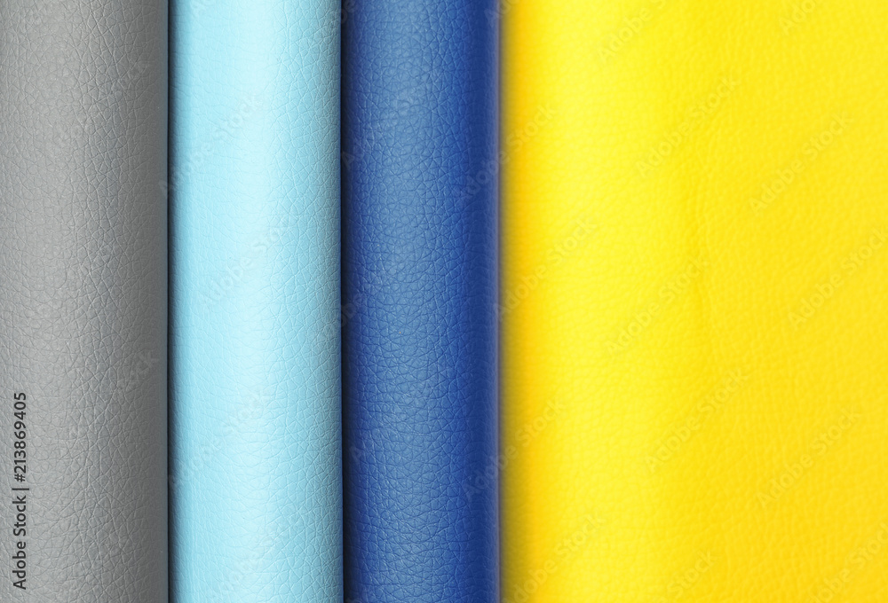 Leather samples of different colors for interior design as background ...