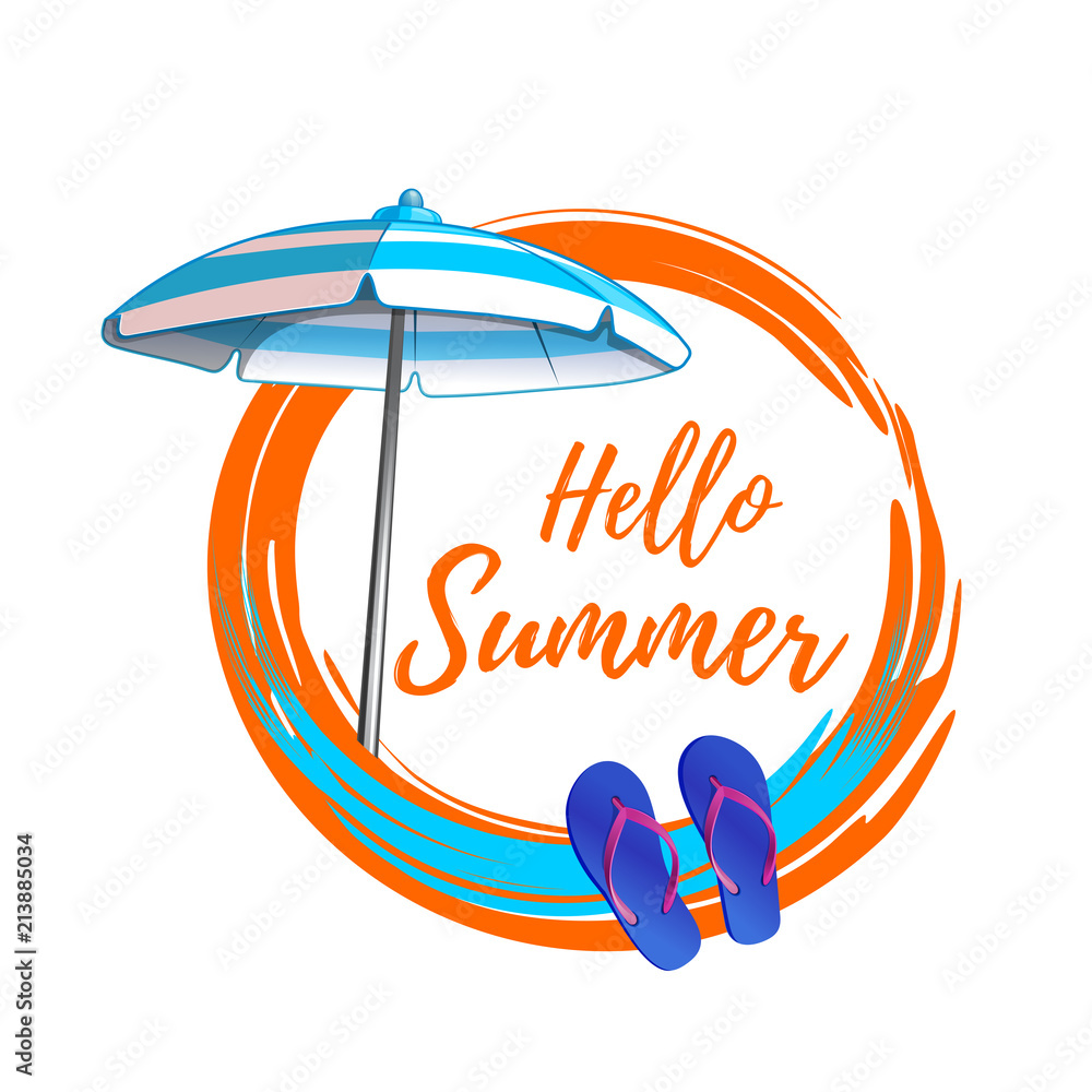 Hello summer. Summer round banner design with flip flops and a beach ...