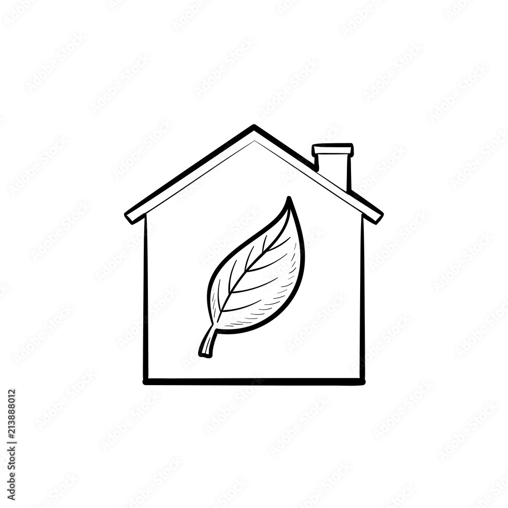 Eco house with leaf hand drawn outline doodle icon. Ecology, nature ...