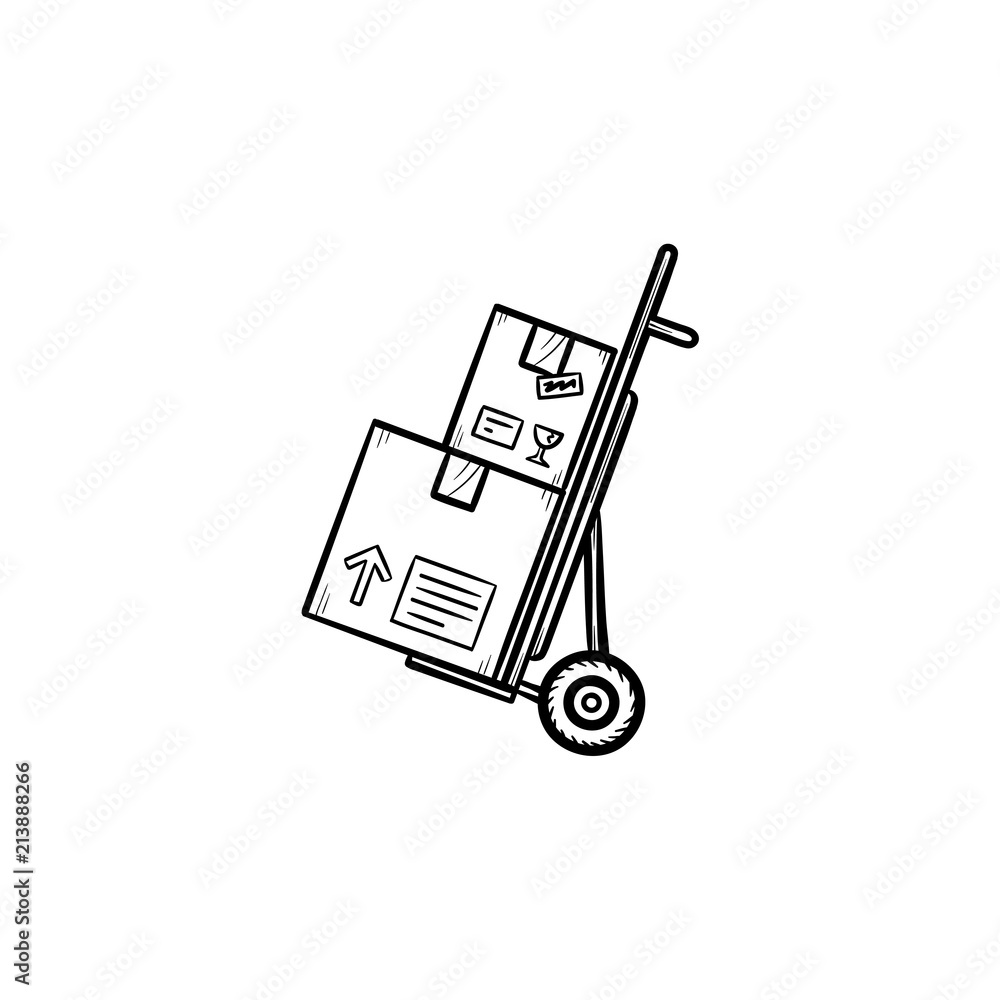 Handcart with cardboard boxes hand drawn outline doodle icon. Shopping ...