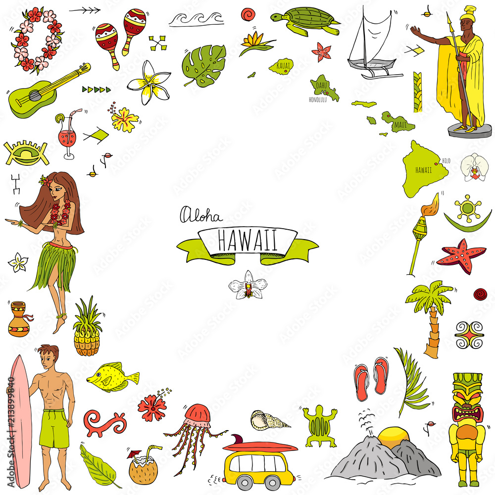 Hand drawn doodle Hawaii icons set Vector illustration isolated symbols ...