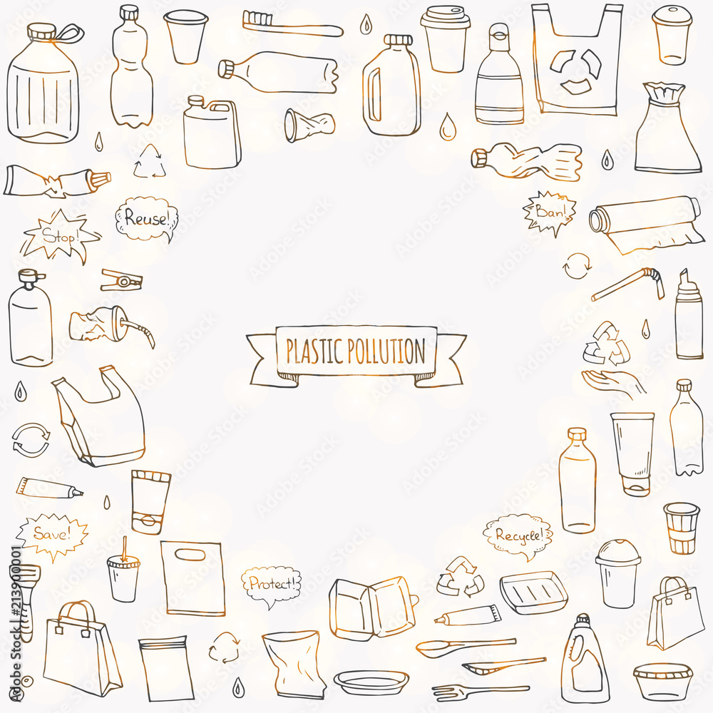 Hand drawn doodle Stop plastic pollution icons set Vector illustration ...
