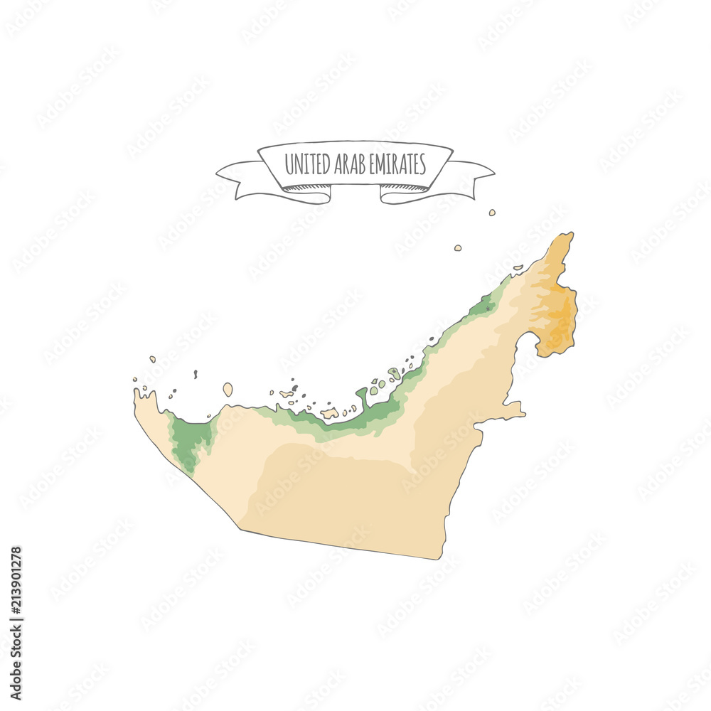 Hand drawn vector illustrated map of United Arab Emirates isolated on ...