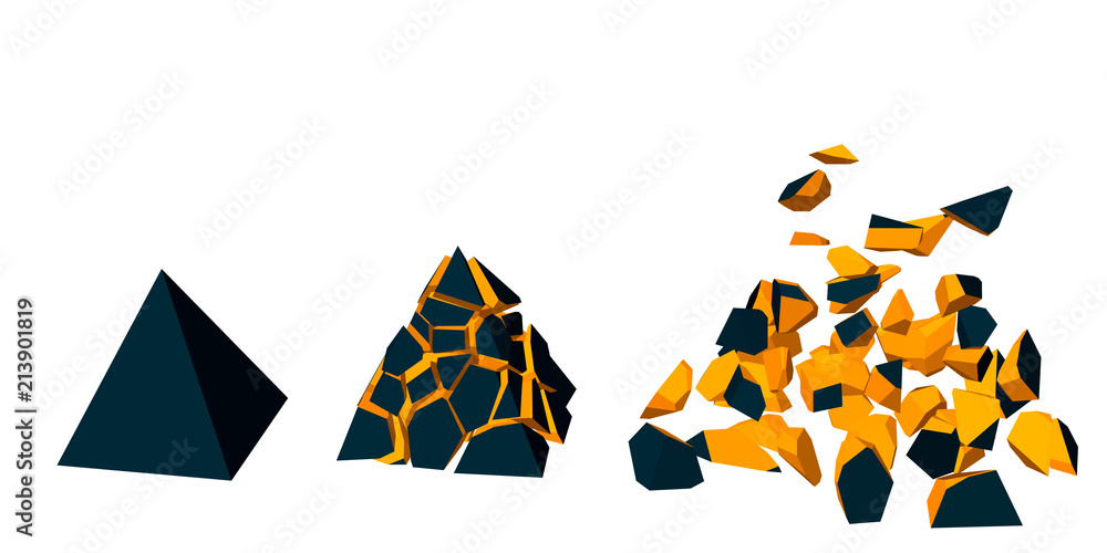 Stages of explosion of pyramid. Isolated on white background. Stock ...