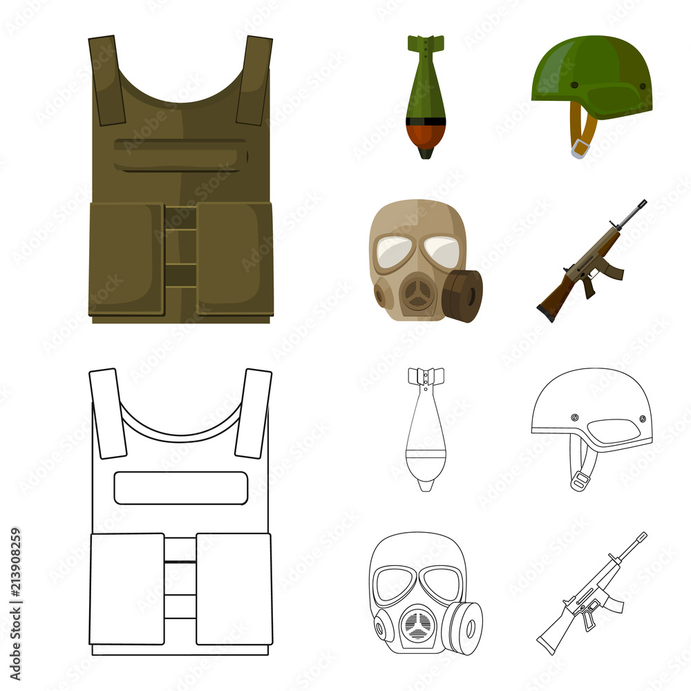 Bullet-proof vest, mine, helmet, gas mask. Military and army set ...