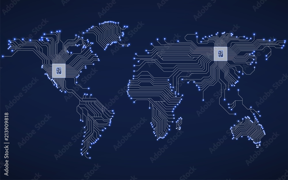Abstract world map with cpu. Circuit board. Technology background Stock ...