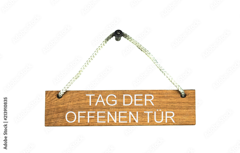 Isoliertes Holzschild mit Seil: Tag der offenen Tür Stock-Foto | Adobe ...