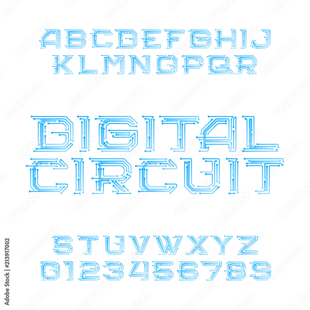 Digital circuit board alphabet font. Digital hi-tech style letters and ... Digital circuit board alphabet font. Digital hi-tech style letters and ...