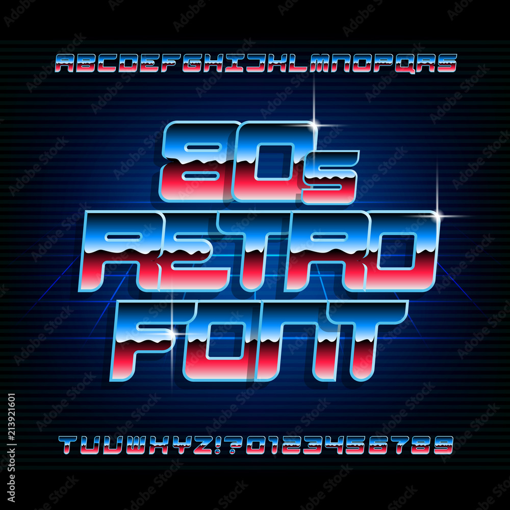80s retro alphabet font. Metallic effect shiny letters and numbers ...