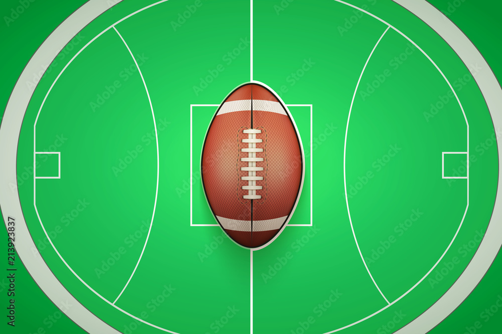 Poster Template with Australian rules football Ball on grass field. Cup ...