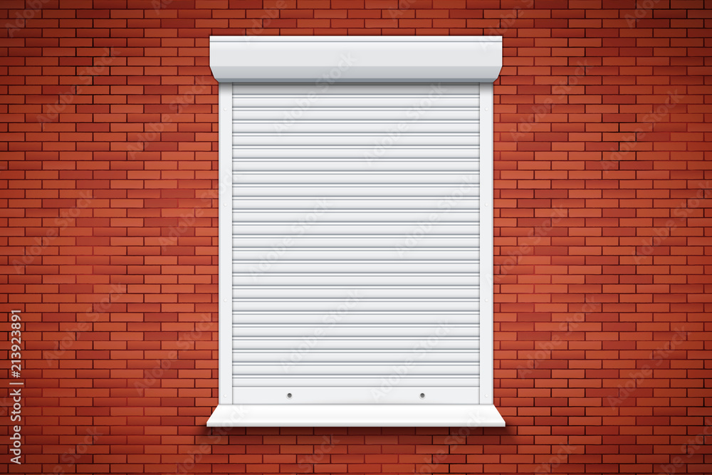 Closed Roller Shutters Window on red brick wall. Protect System ...