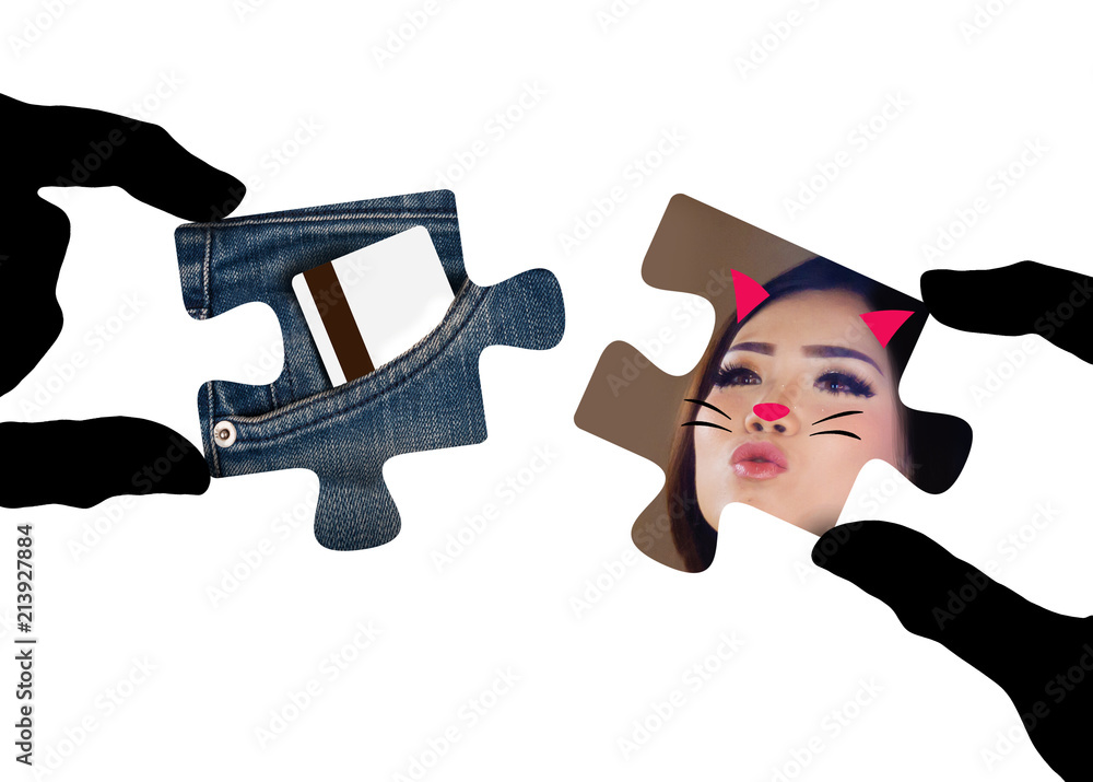 conceptual composite with puzzle piece matching on greedy materialistic ...